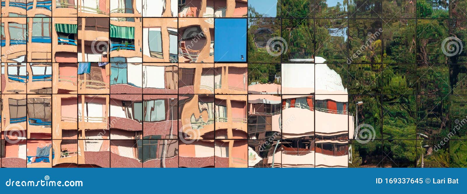 A Bizarre Distorted Reflection of a Residential Building and Trees in ...