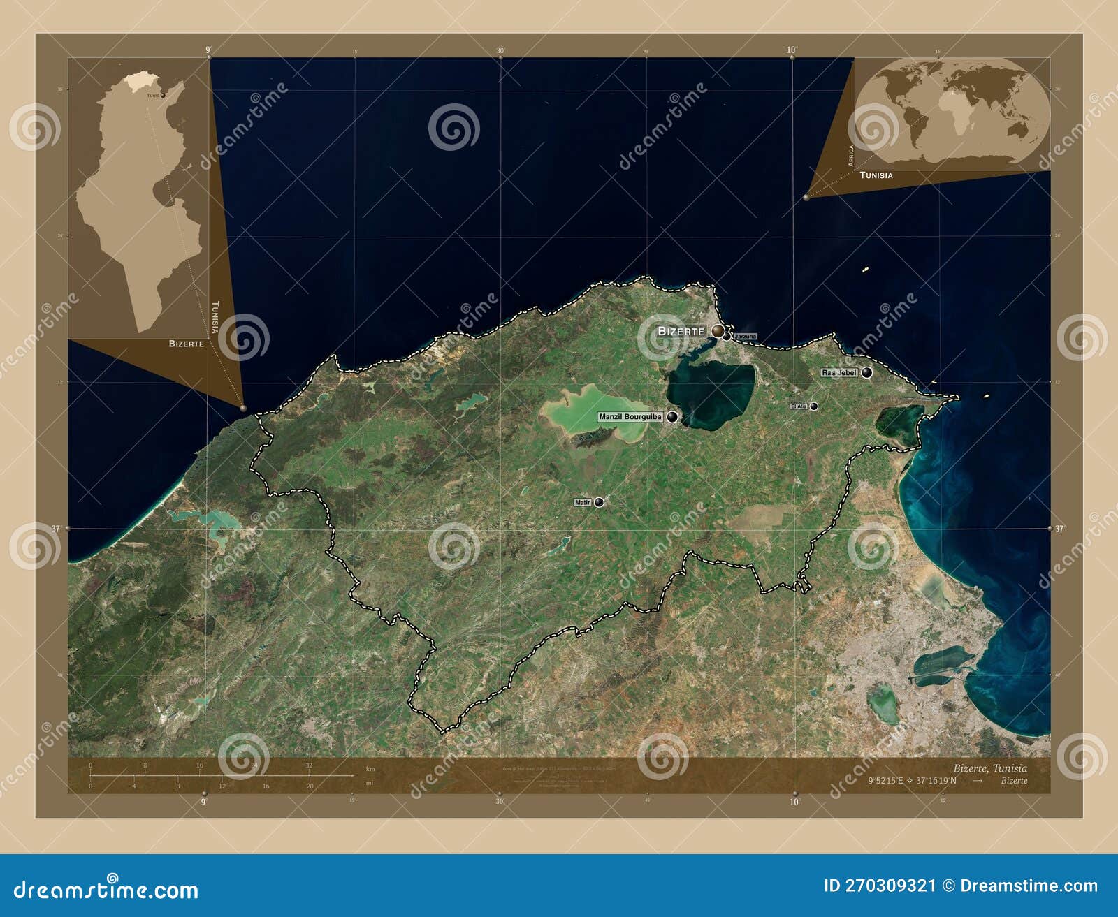 Bizerte, Tunisia. Low-res Satellite. Labelled Points of Cities Stock ...