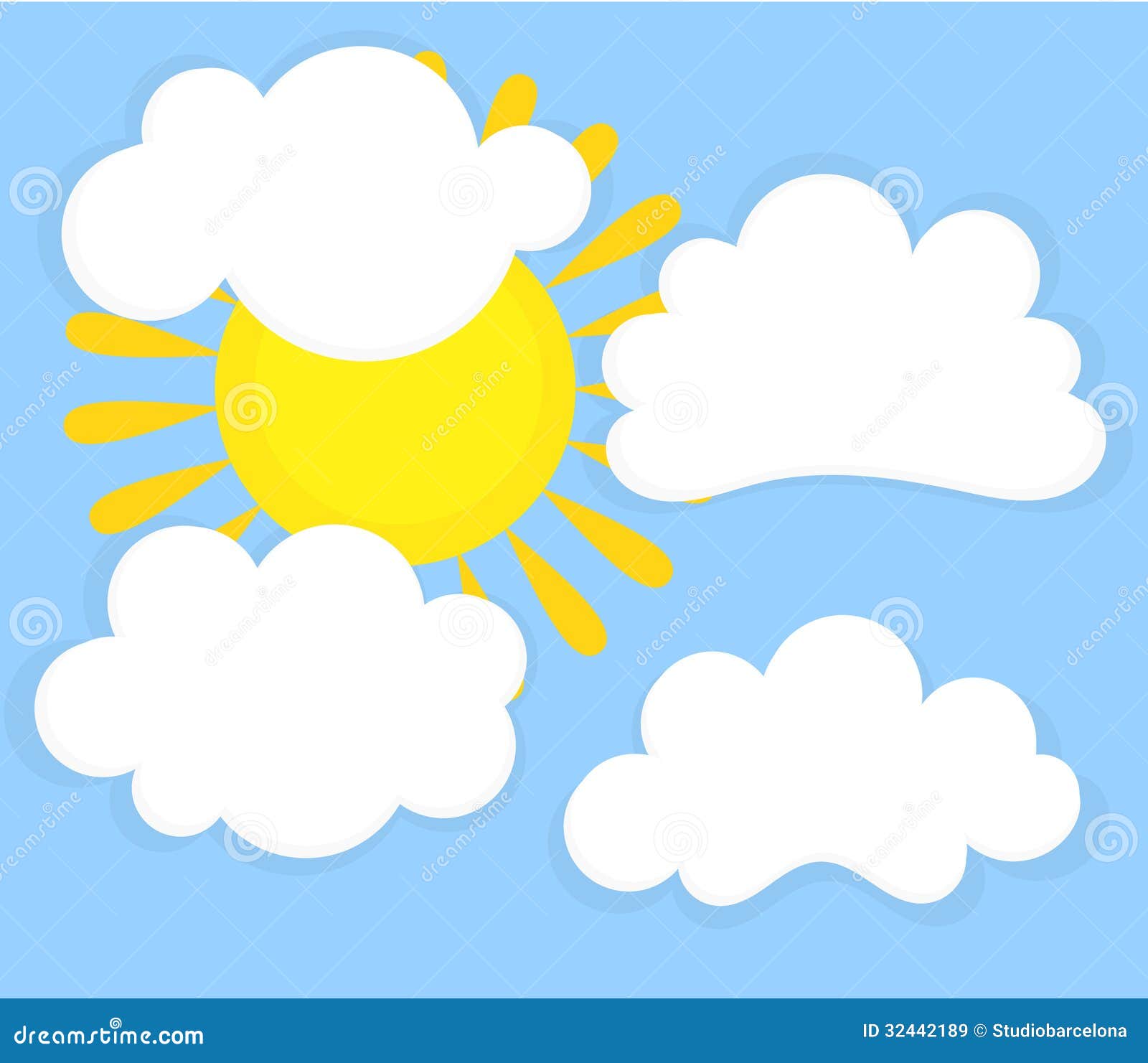 Blå himmel, moln och sol vektor illustrationer. Illustration av moln ...