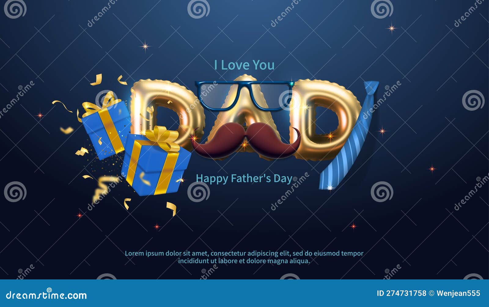 I Love You Dad Banner with Lettering Balloons, Glasses, Tie, Mustache ...