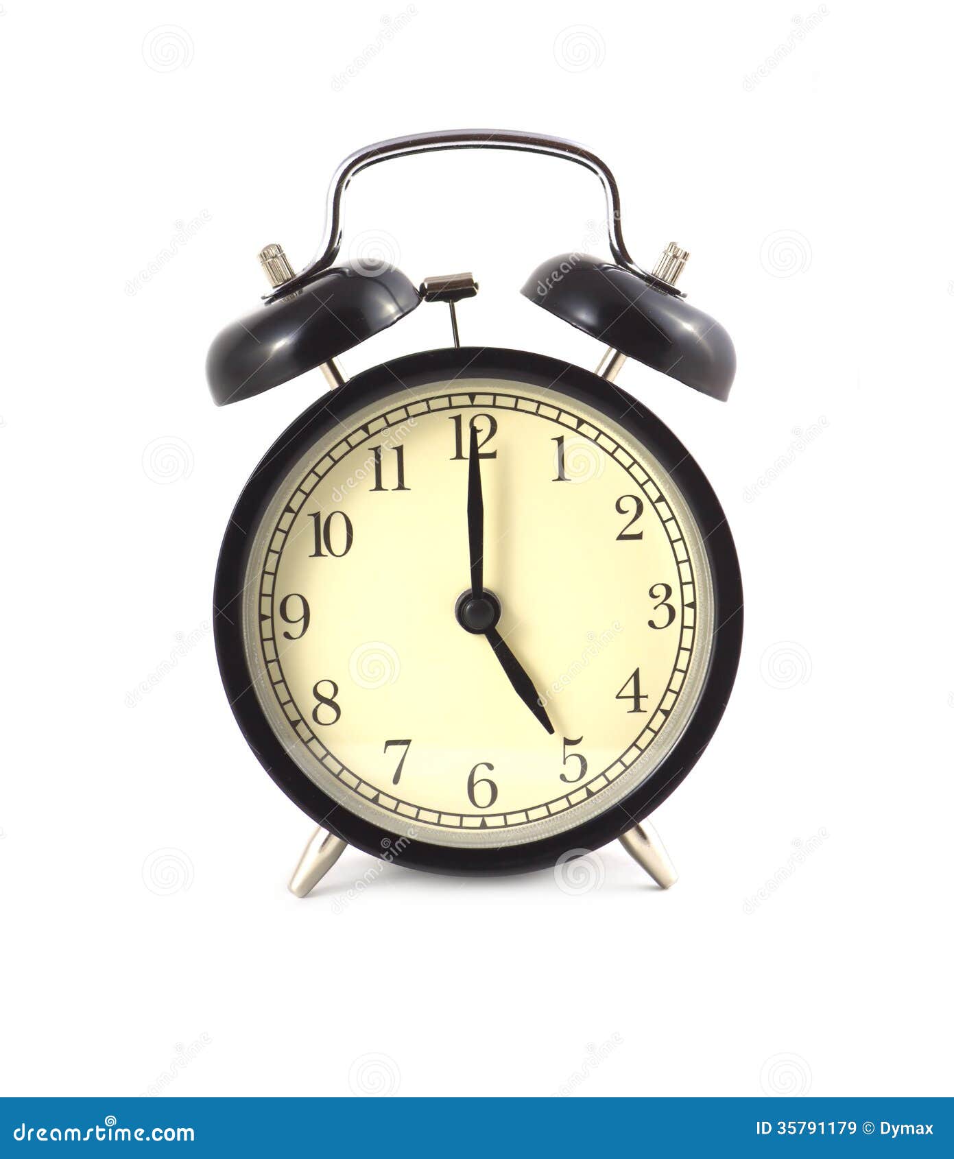 Black Alarm Clock Shows 5 Isolated Stock Image - Image of closeup ...
