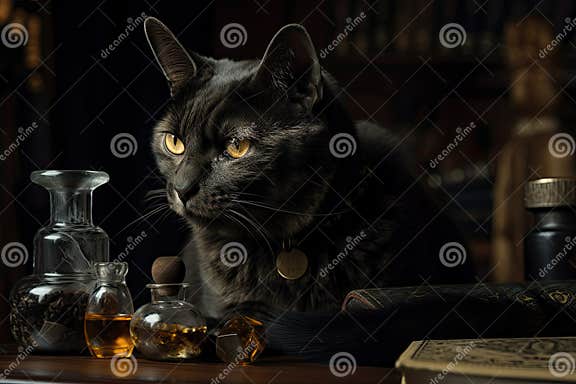 Black alchemy cat stock illustration. Illustration of bottle - 279557527