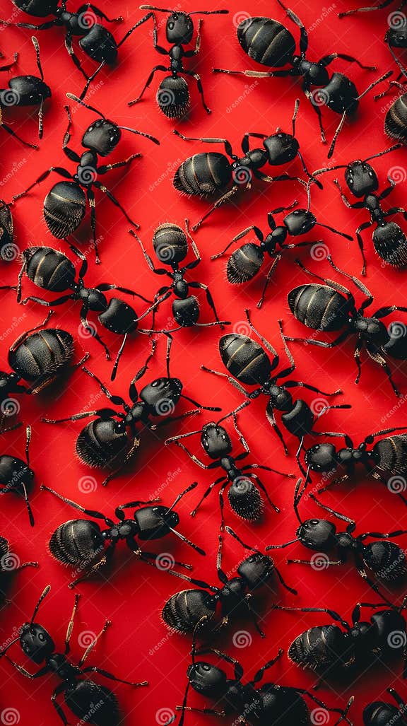 Black Ants Organized On A Vibrant Red Surface Displaying Intriguing Patterns In Nature Macro