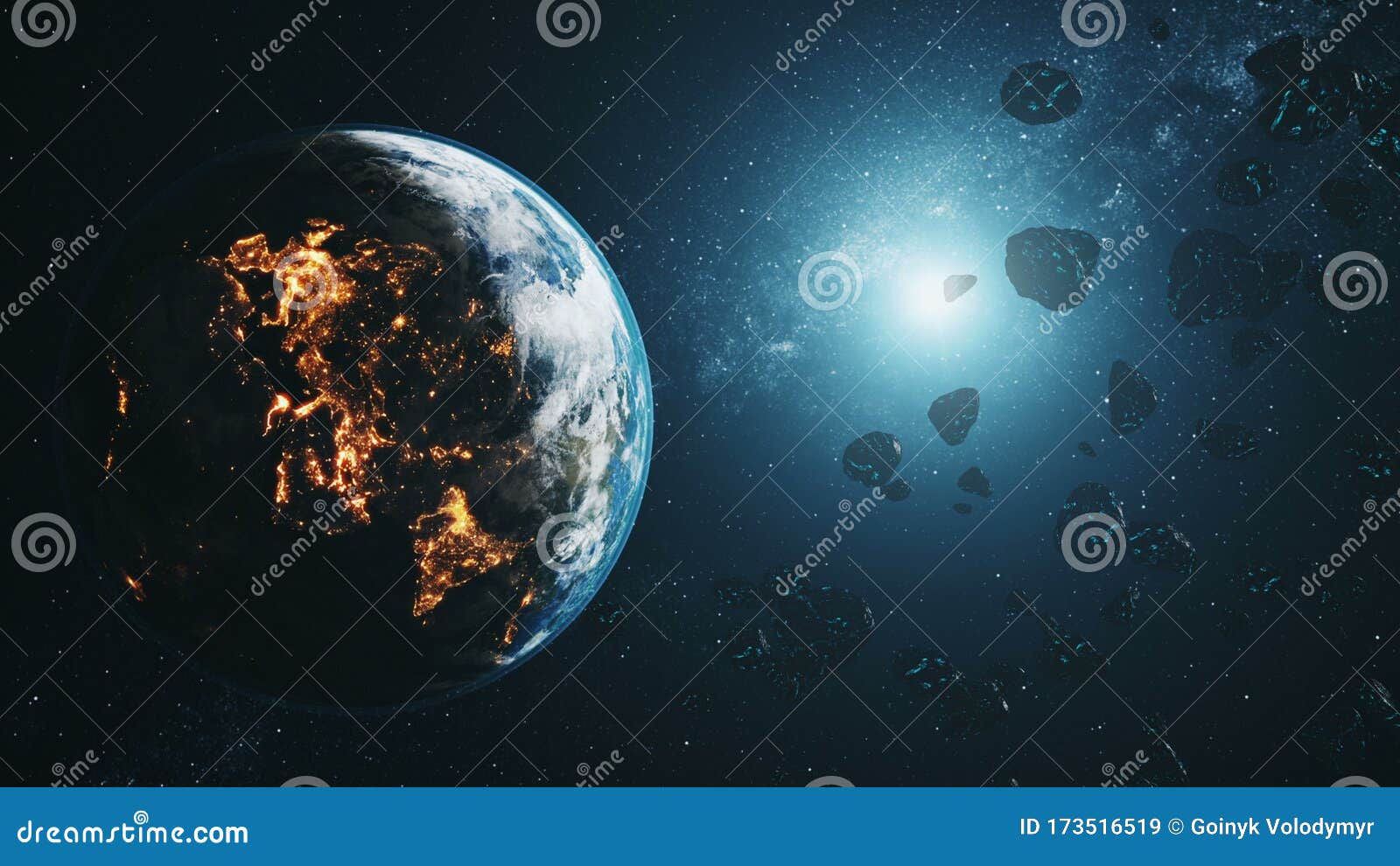 Black Asteroids Fly by Realistic Planet Earth Stock Illustration ...