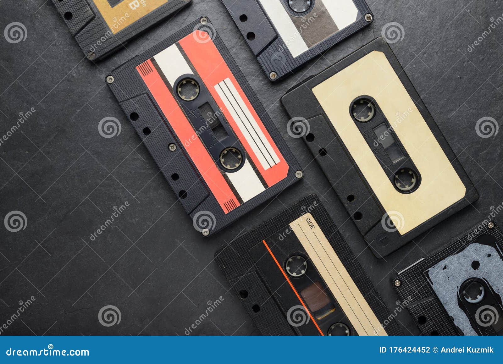 Black Audio Tape Compact Cassettes on Black Background Stock Photo ...