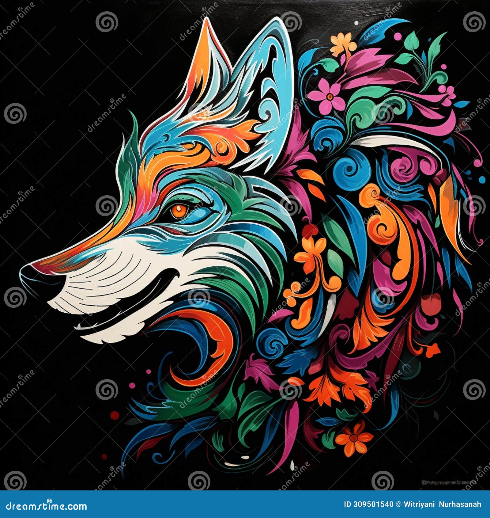 Black Background Abstract Floral Graffiti White Wolf, Wise Expression ...