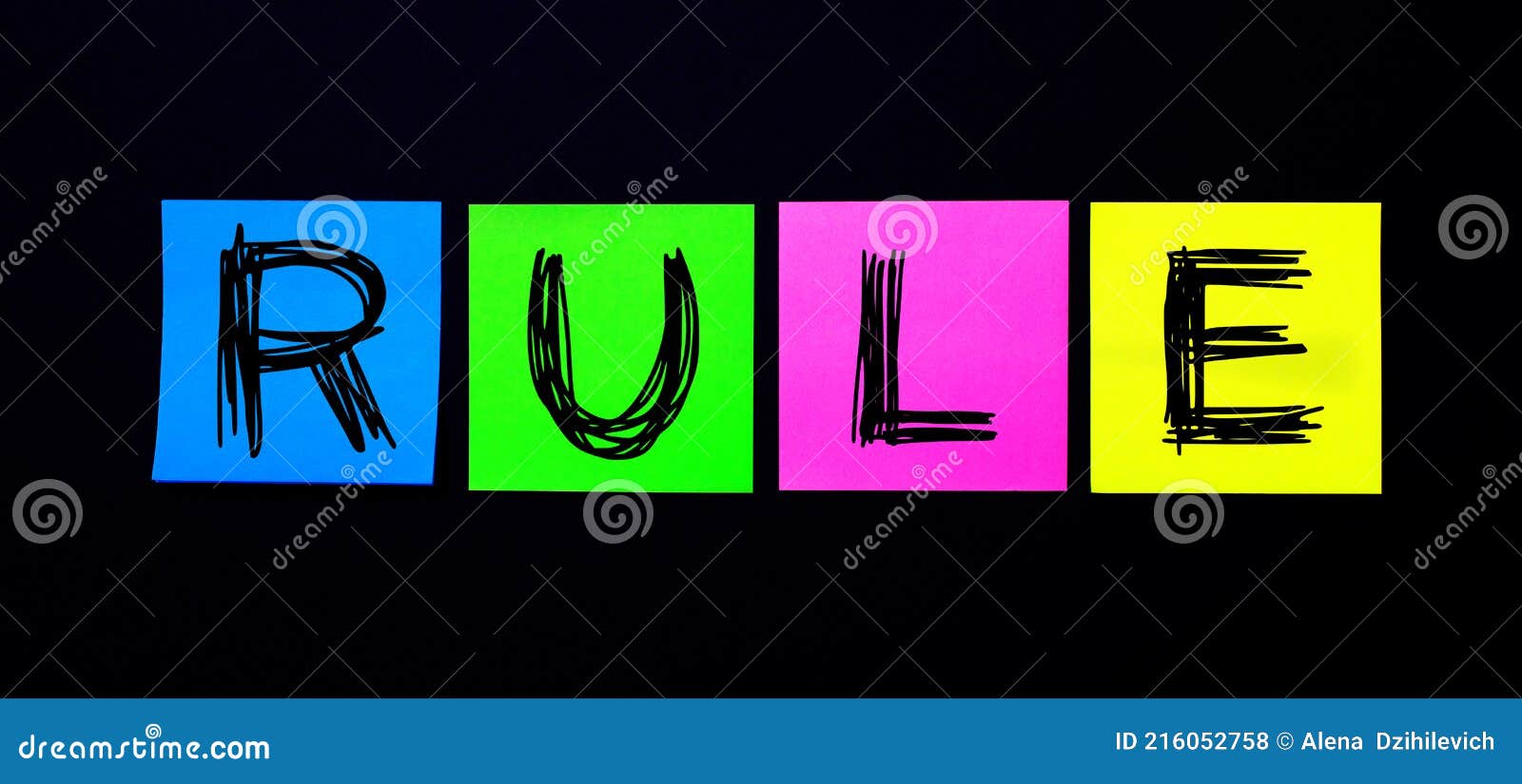 On a Black Background, Bright Multicolored Stickers with the Word RULE ...
