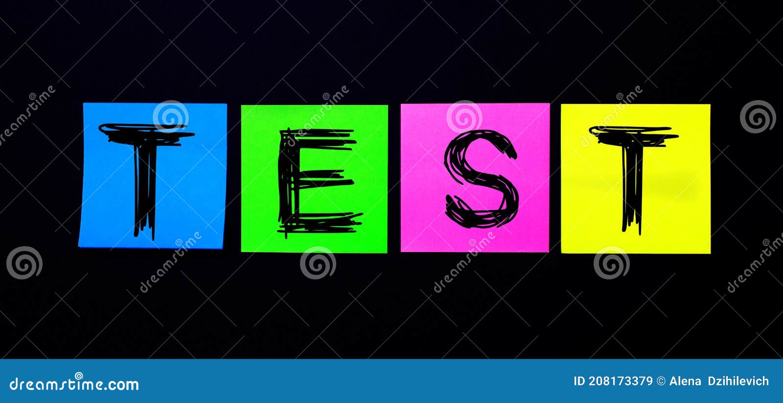 On a Black Background, Bright Multicolored Stickers with the Word TEST ...