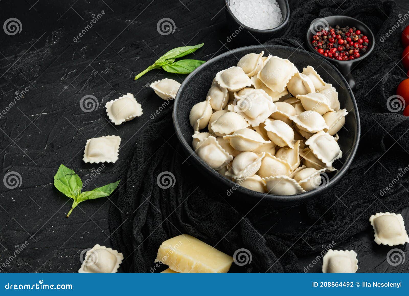 Ravioli on Black Background with Copyspace and Space for Text Stock ...