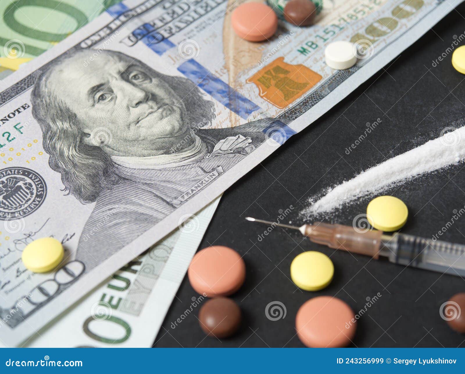 On a Black Background are Dollar Bills and Various Types of Drugs ...