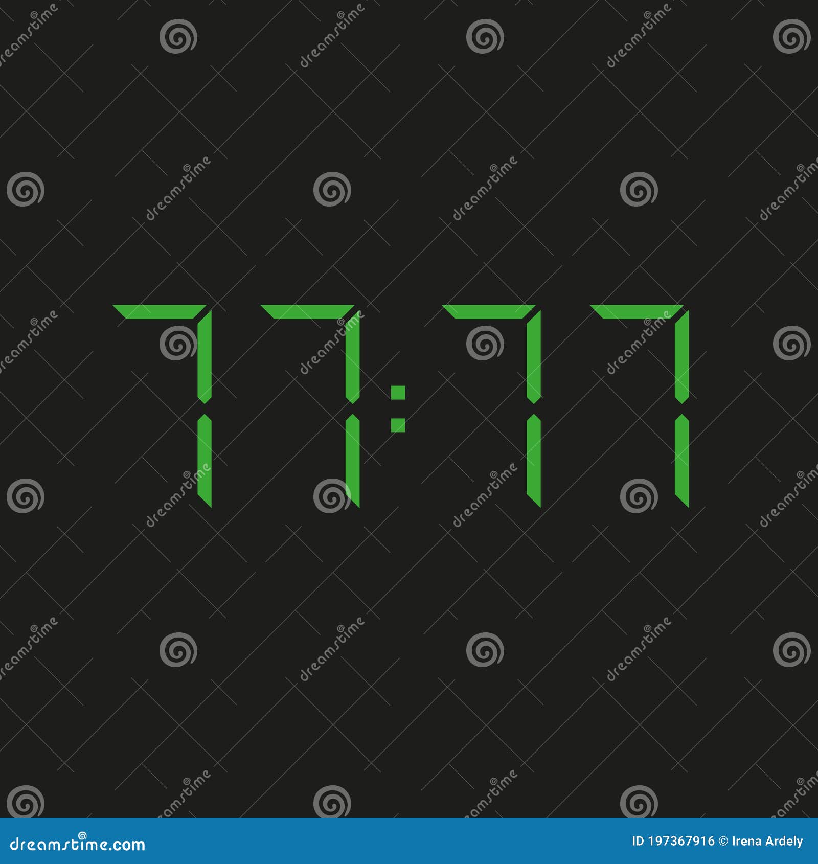 Black Background Electronic Clock with Four Green Numbers and Datum 77: ...