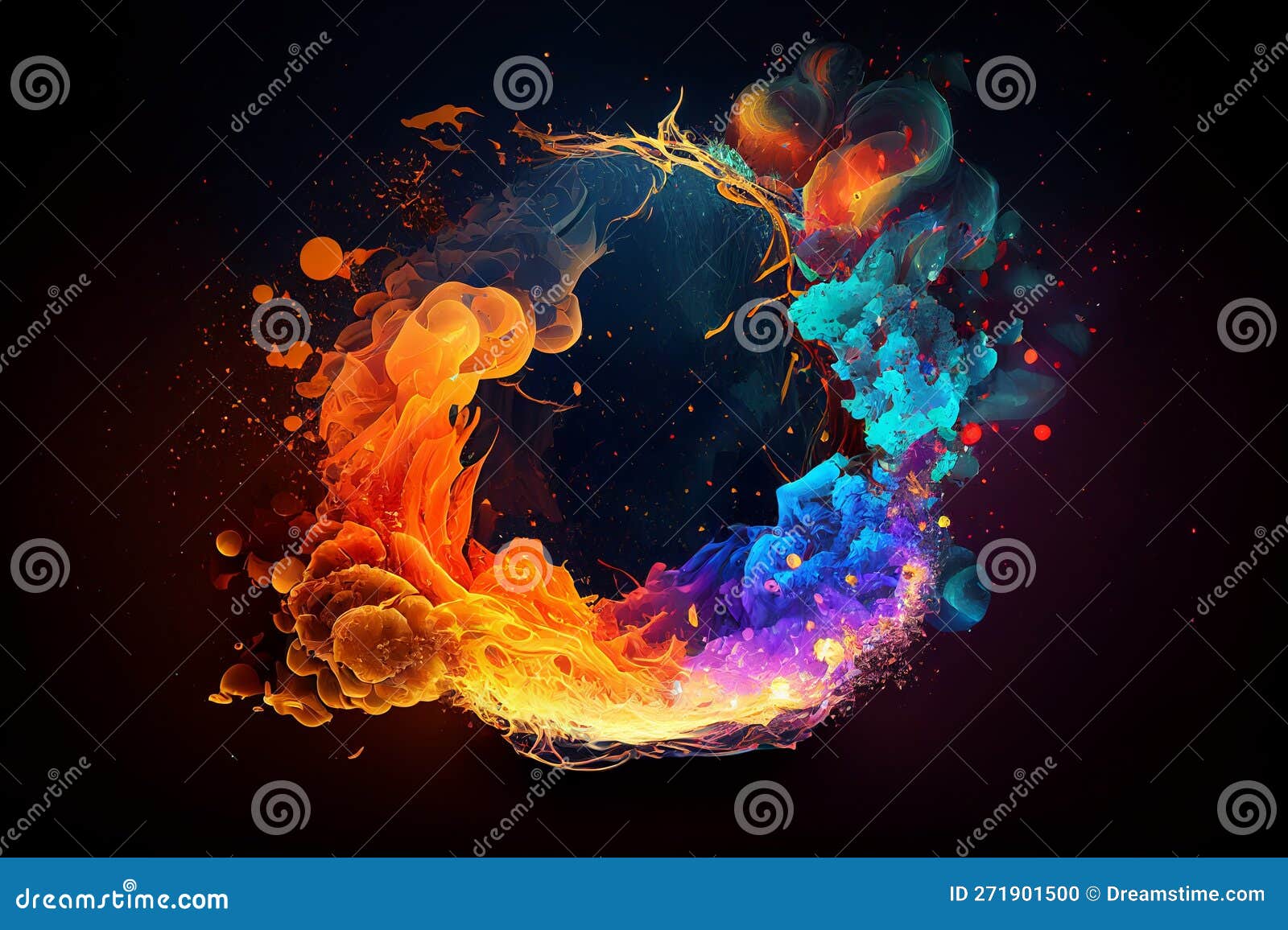 On a Black Background, a Fiery Explosion with Multi-colored Particles ...