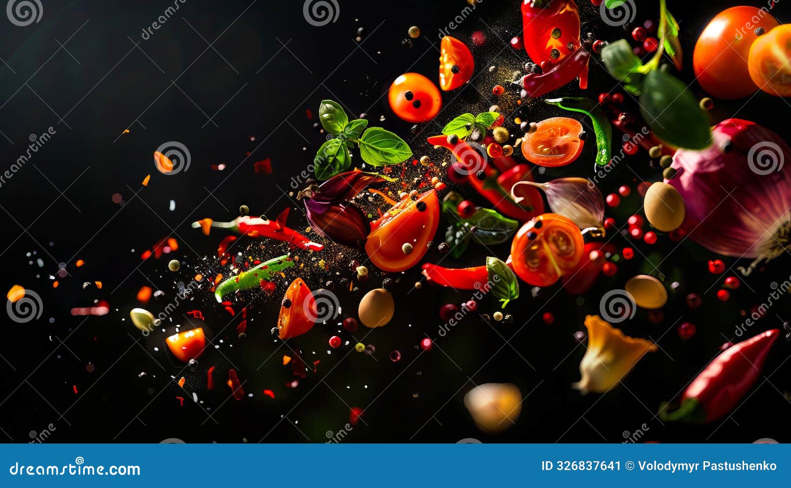 A Black Background with Many Different Vegetables Falling into the Air ...