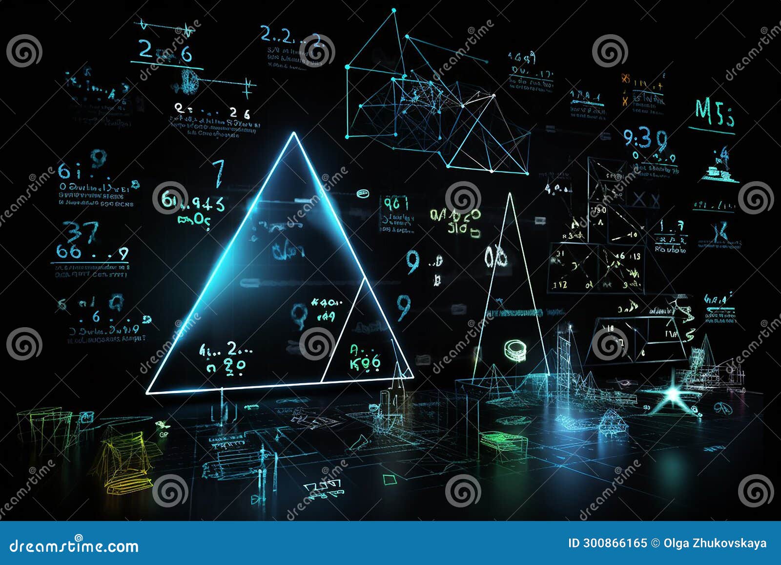 Black Background with Mathematical Formulas, Graphs, Drawings, Research ...