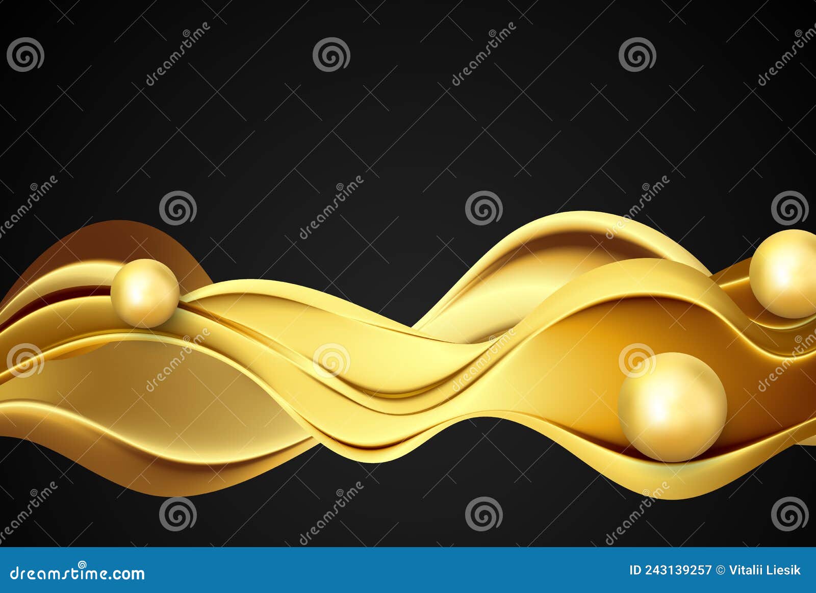Black Background with Smooth Golden Wave and Golden Spheres.Abstract ...