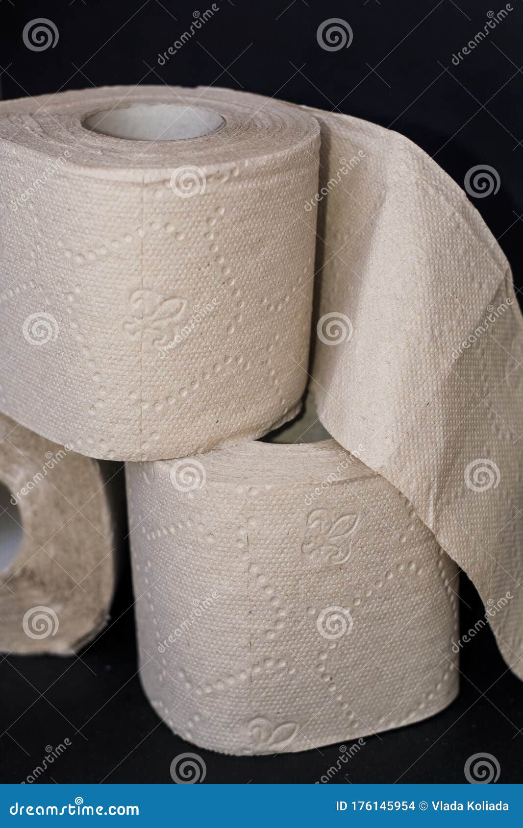 On Black Background, Three Piles of Grey Open Toilet Paper. Stock Photo ...