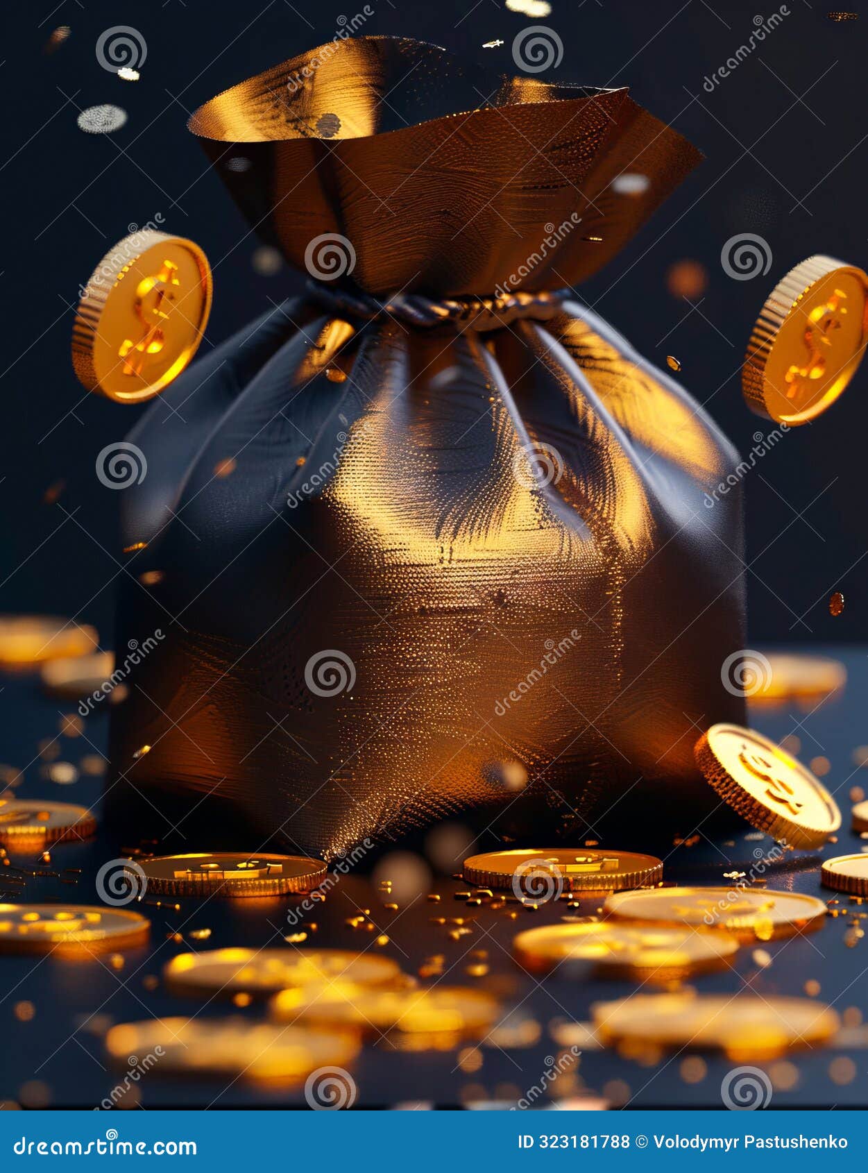 A Black Bag with Gold Coins Falling Out of it Stock Photo - Image of ...