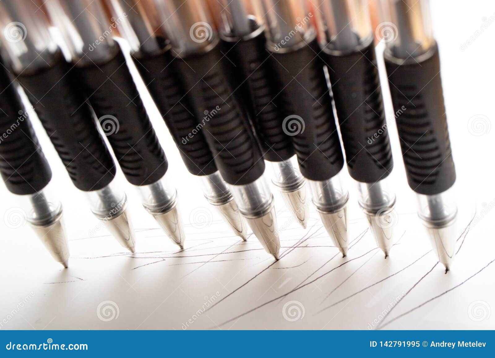 Black Ballpoint Pens Write on White Paper Stock Image - Image of group ...