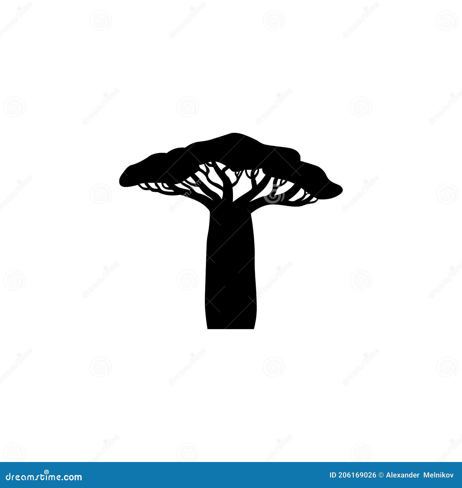 Black Baobab Tree With Roots. Vector Outline Illustration. Plant In ...