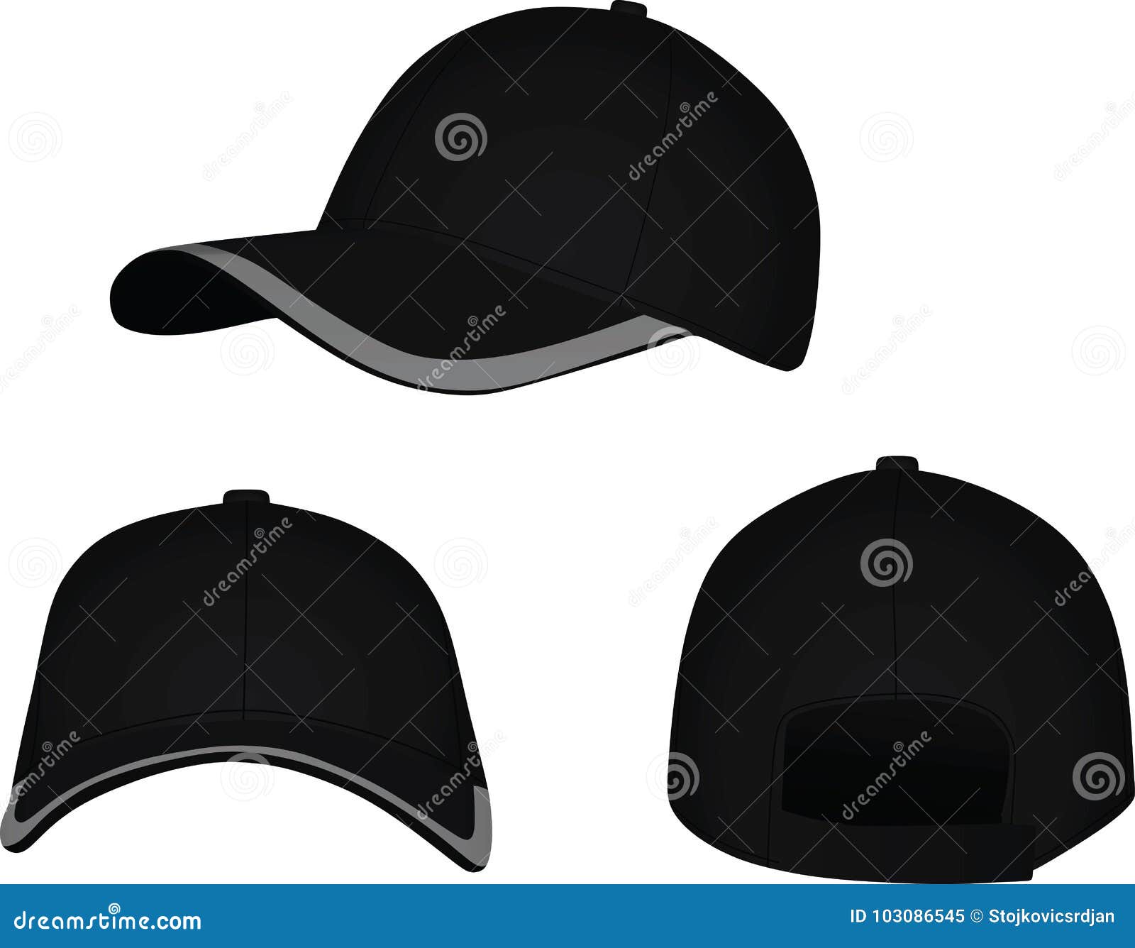 Black Baseball Cap Front, Back and Side View Stock Vector ...