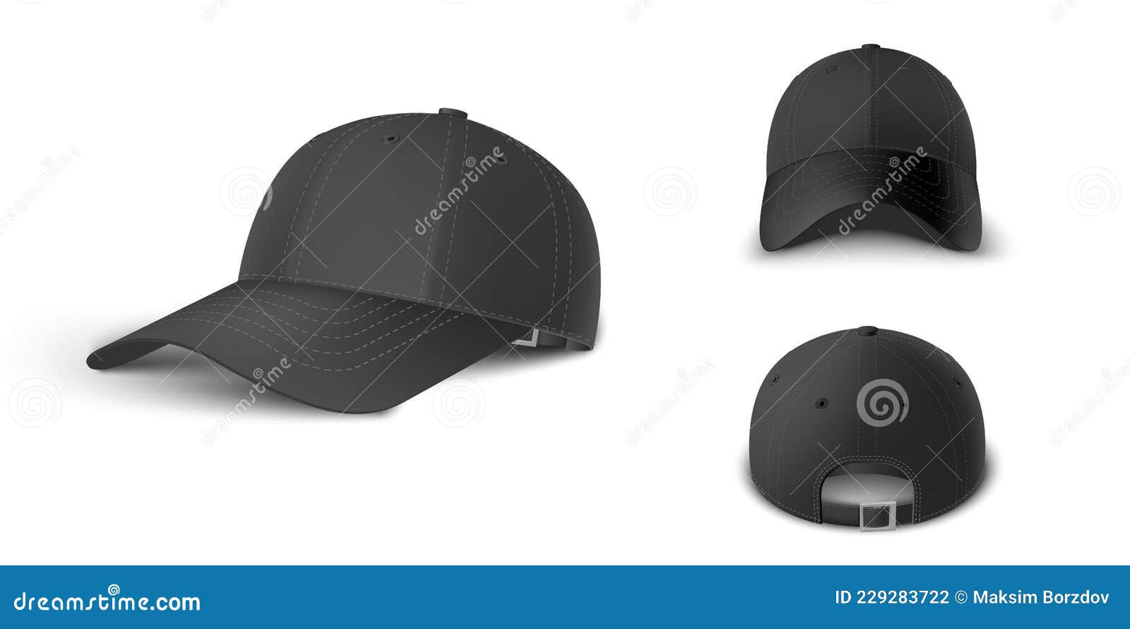 Black Baseball Cap Set Side Perspective, Front and Back View Realistic ...