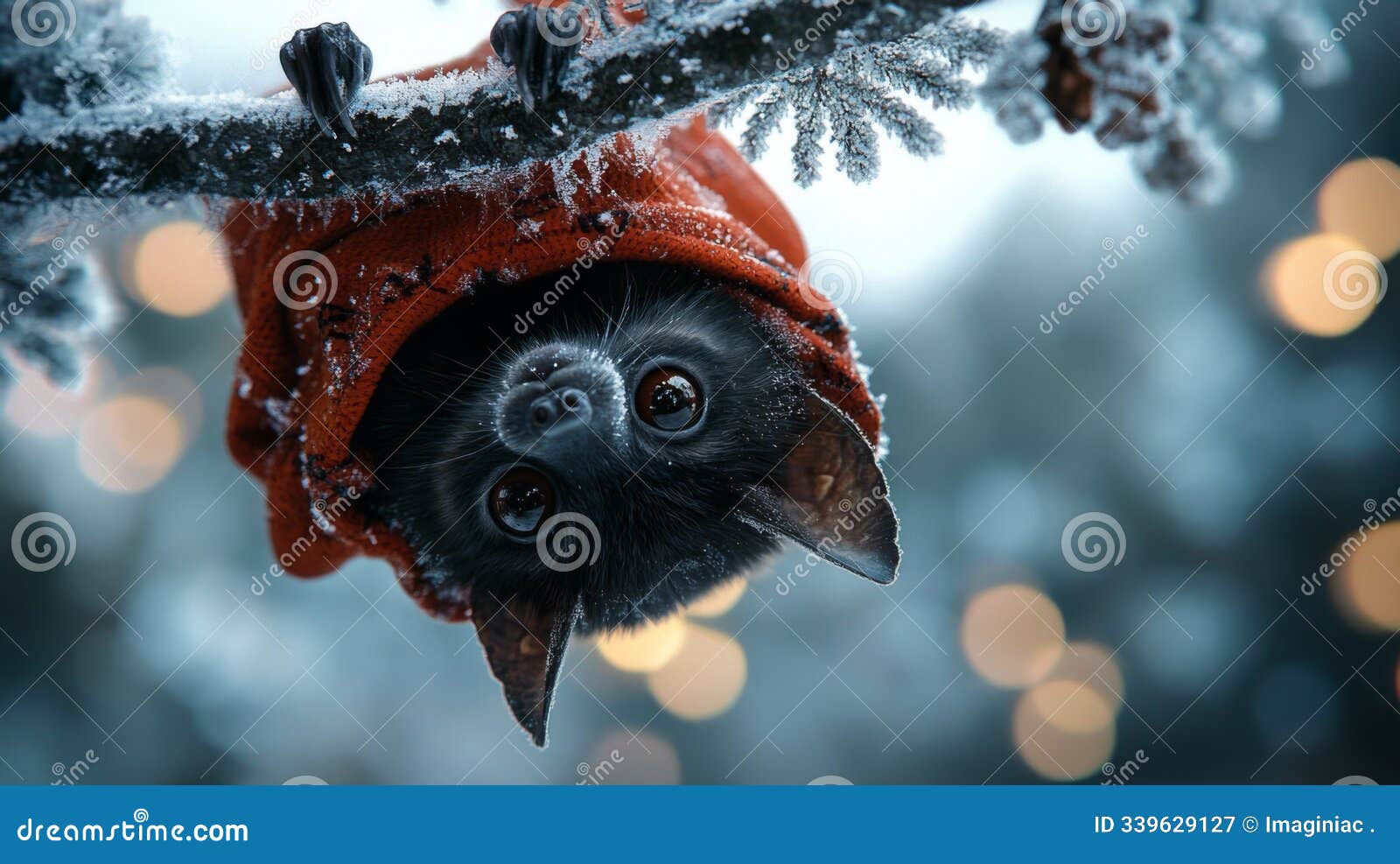 A Black Bat Hanging Upside Down on a Snowy Branch Stock Illustration ...