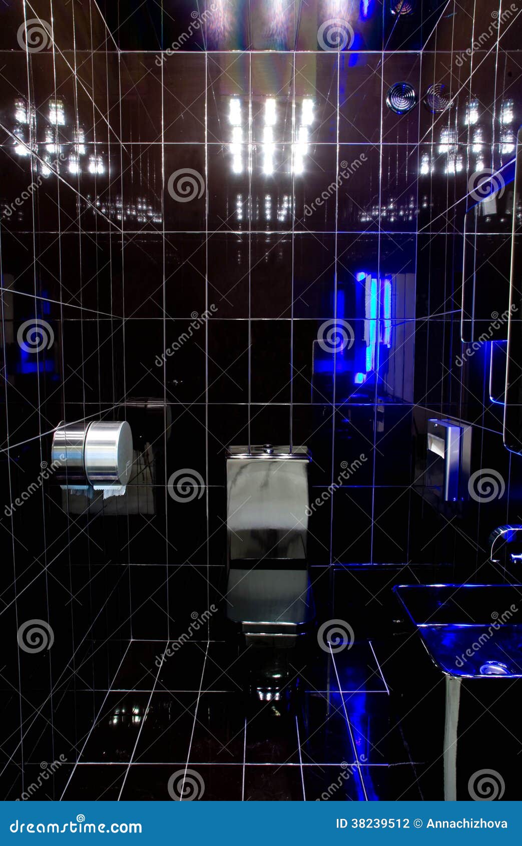 Black Bathroom with Blue Backlight Stock Photo - Image of chair ...