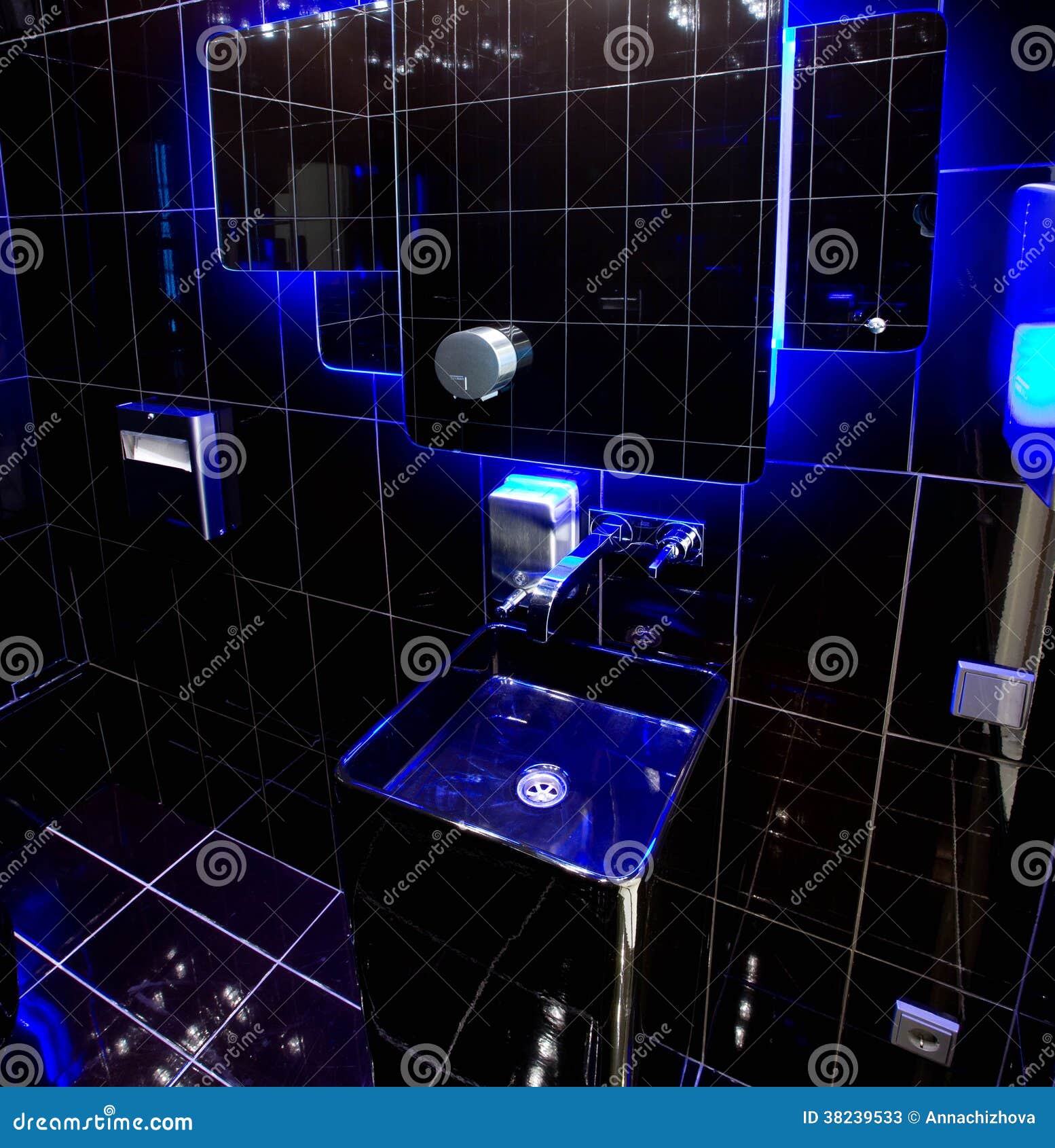 Black Bathroom with Blue Backlight Stock Image - Image of couch ...