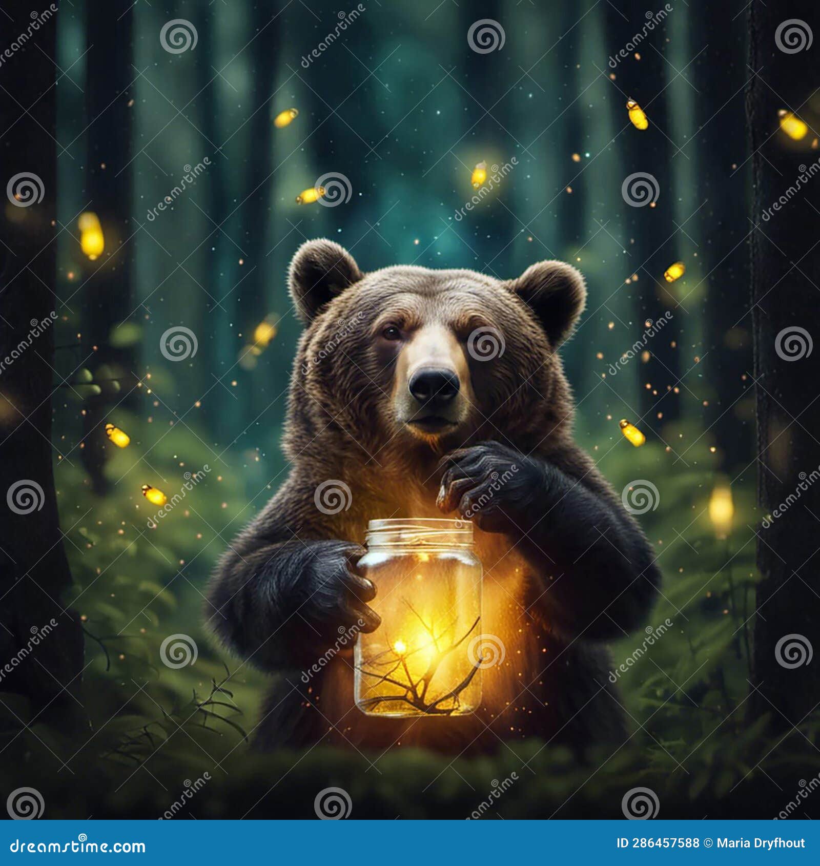 Black Bear with Jar of Fireflies Stock Illustration - Illustration of ...