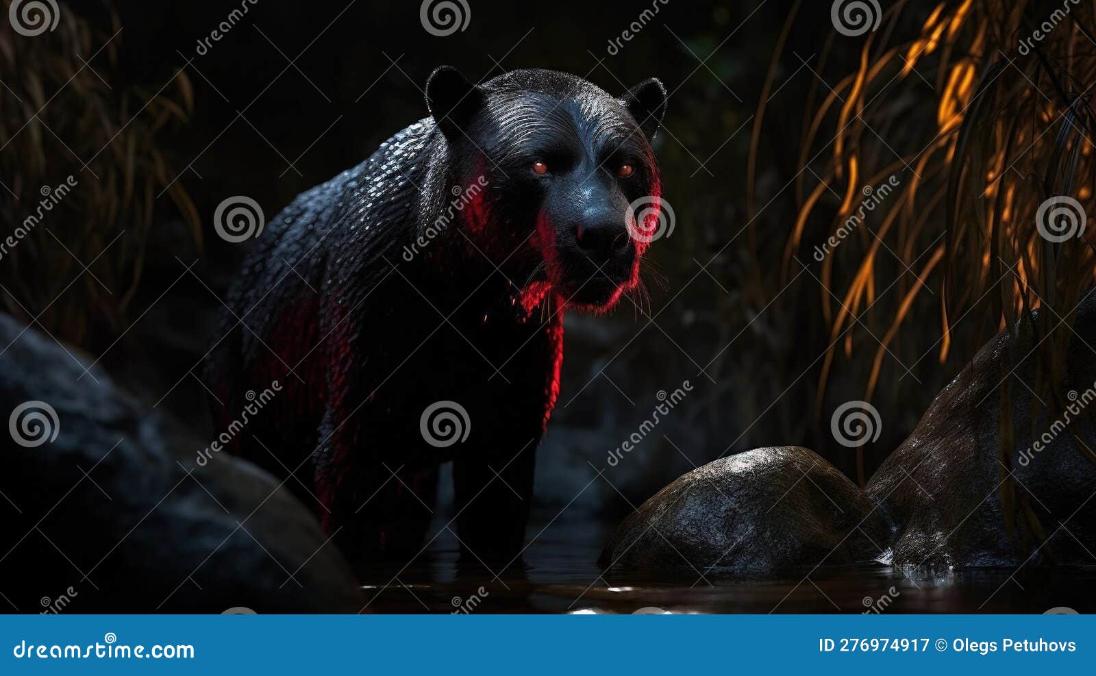 A Black Bear with Red Eyes Standing in Water Next To Rocks Stock Image ...