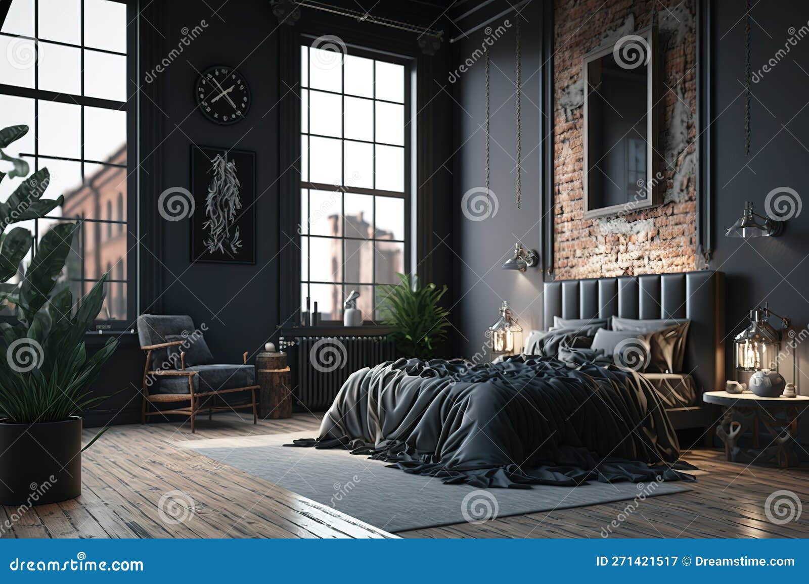 Black Bedroom in Loft Style Stock Illustration - Illustration of ...