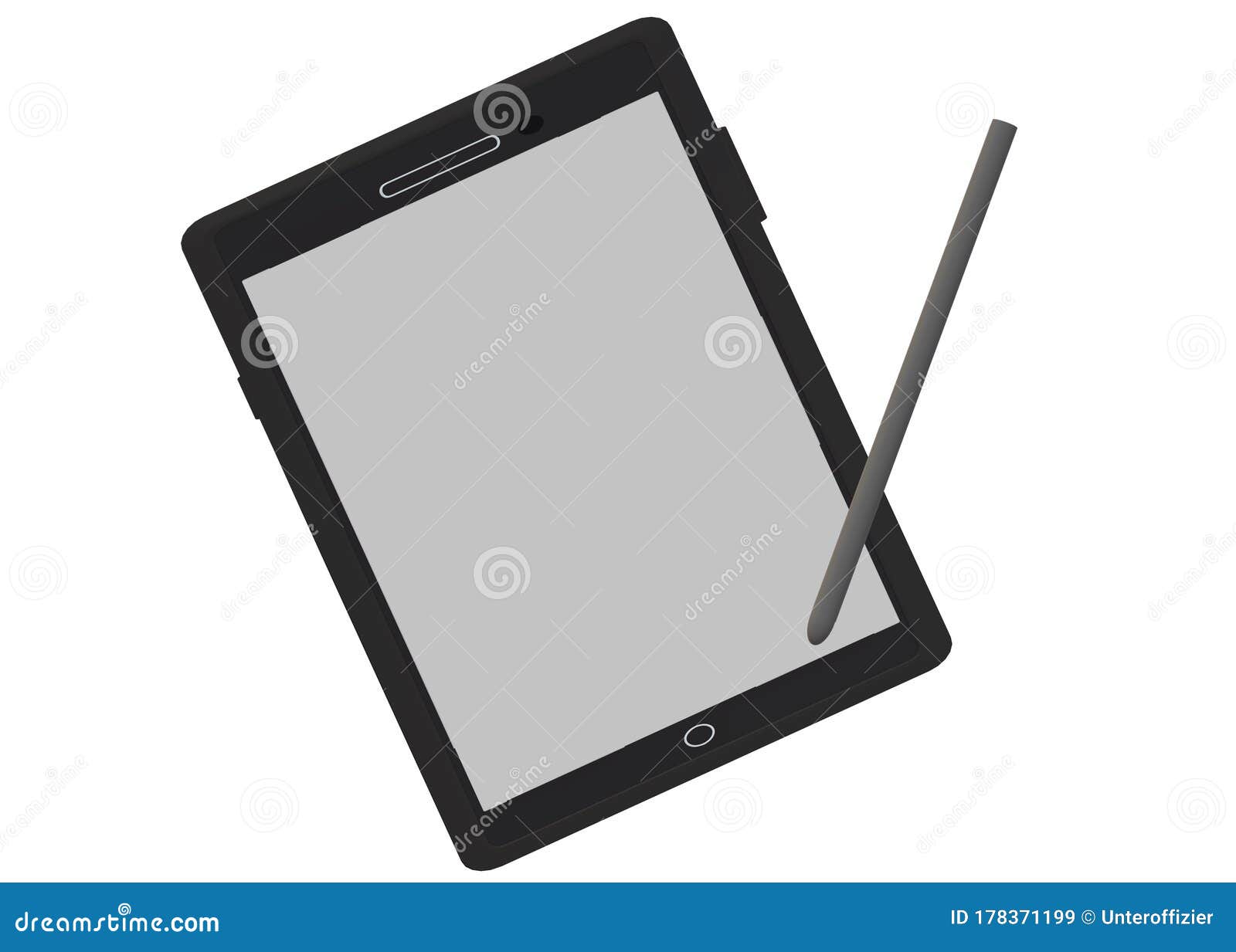 A Black Bezel Portable Computer Tablet with Pen Against a White ...