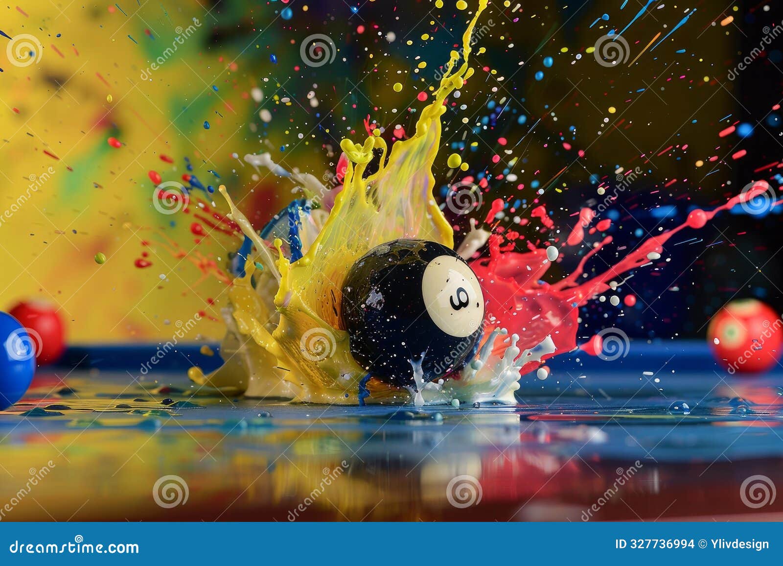 Black Billiard Ball Exploding in a Colorful Paint Splash on a Pool ...