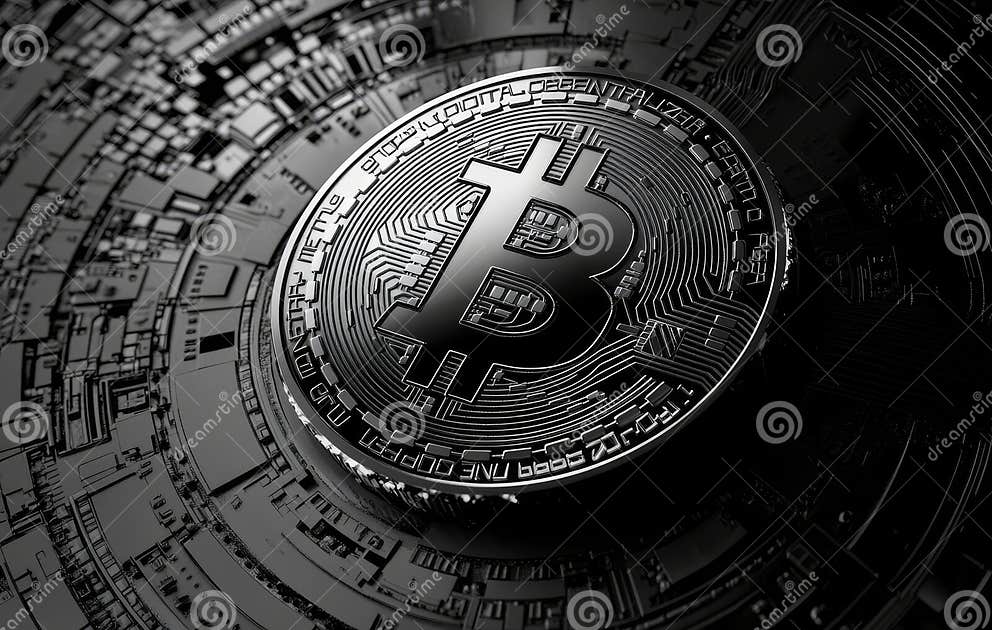 A Black Bitcoin Coin with a Digital User Interface (3D Illustration ...