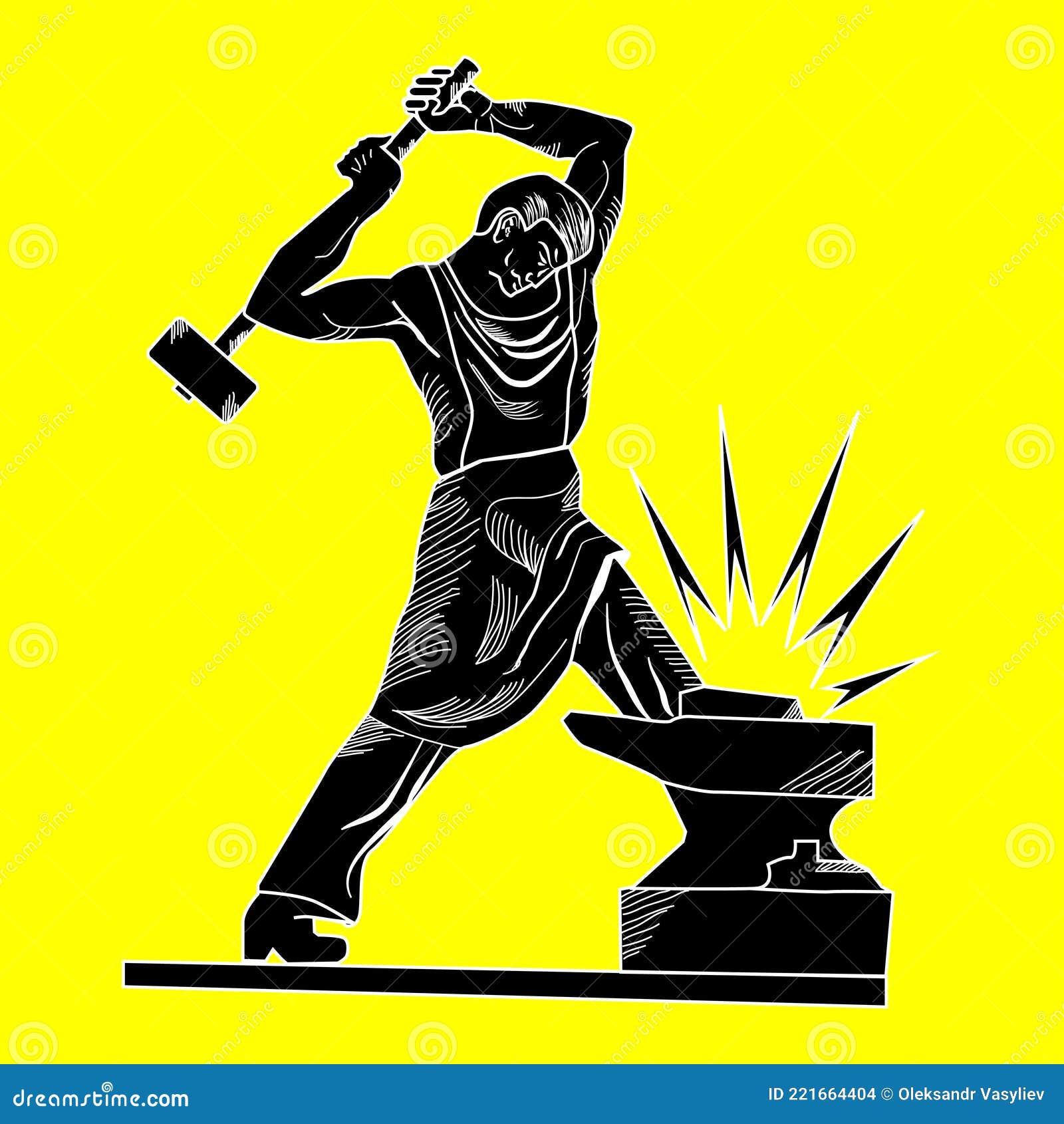 Black Blacksmith with Hammer Beating on the Anvil. Vector Illustration ...