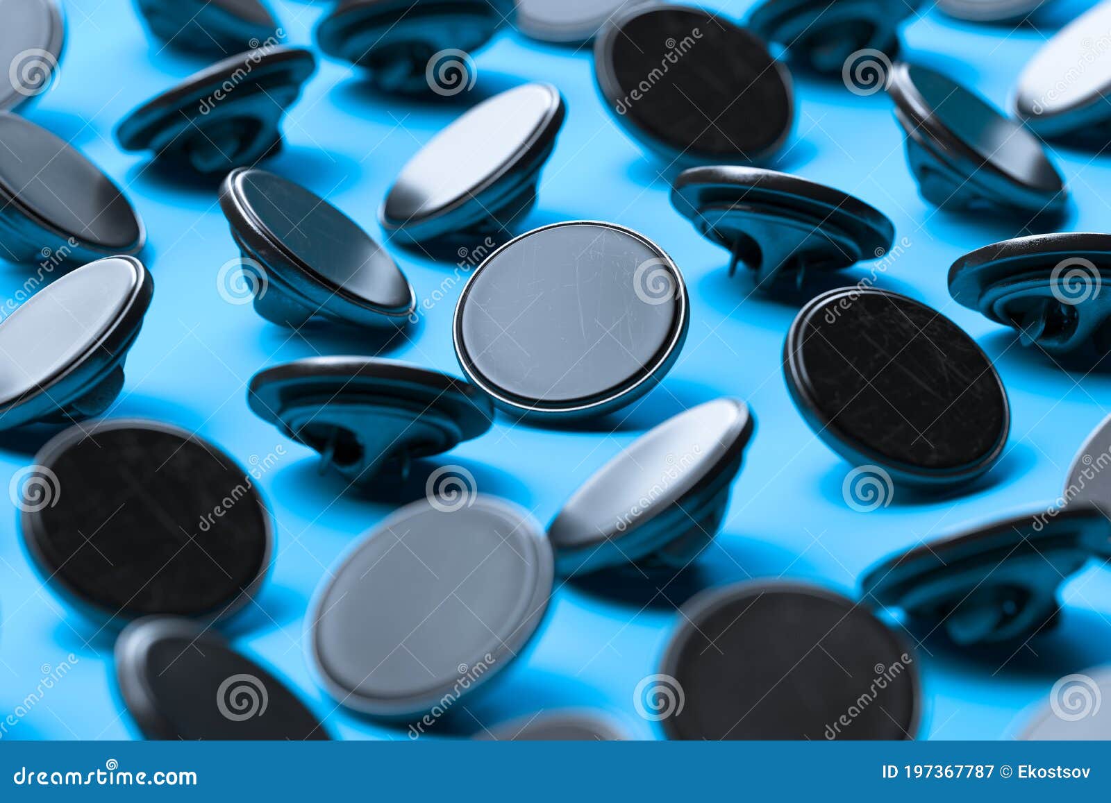 Black Blank Pin Buttons with Empty Space on Light Blue Background. 3d ...