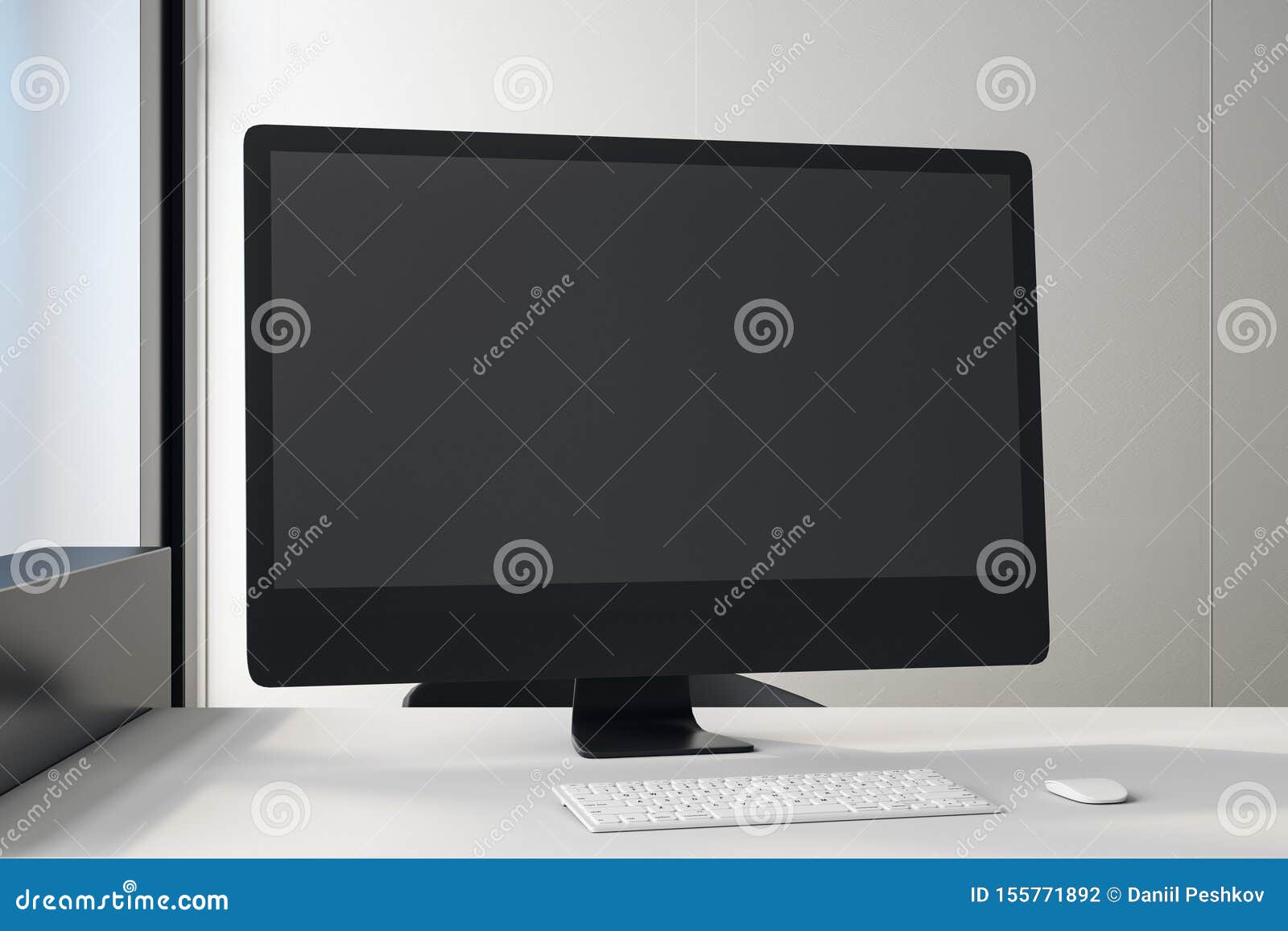 Black Blank Screen of Black Computer Monitor on White Table in Light ...
