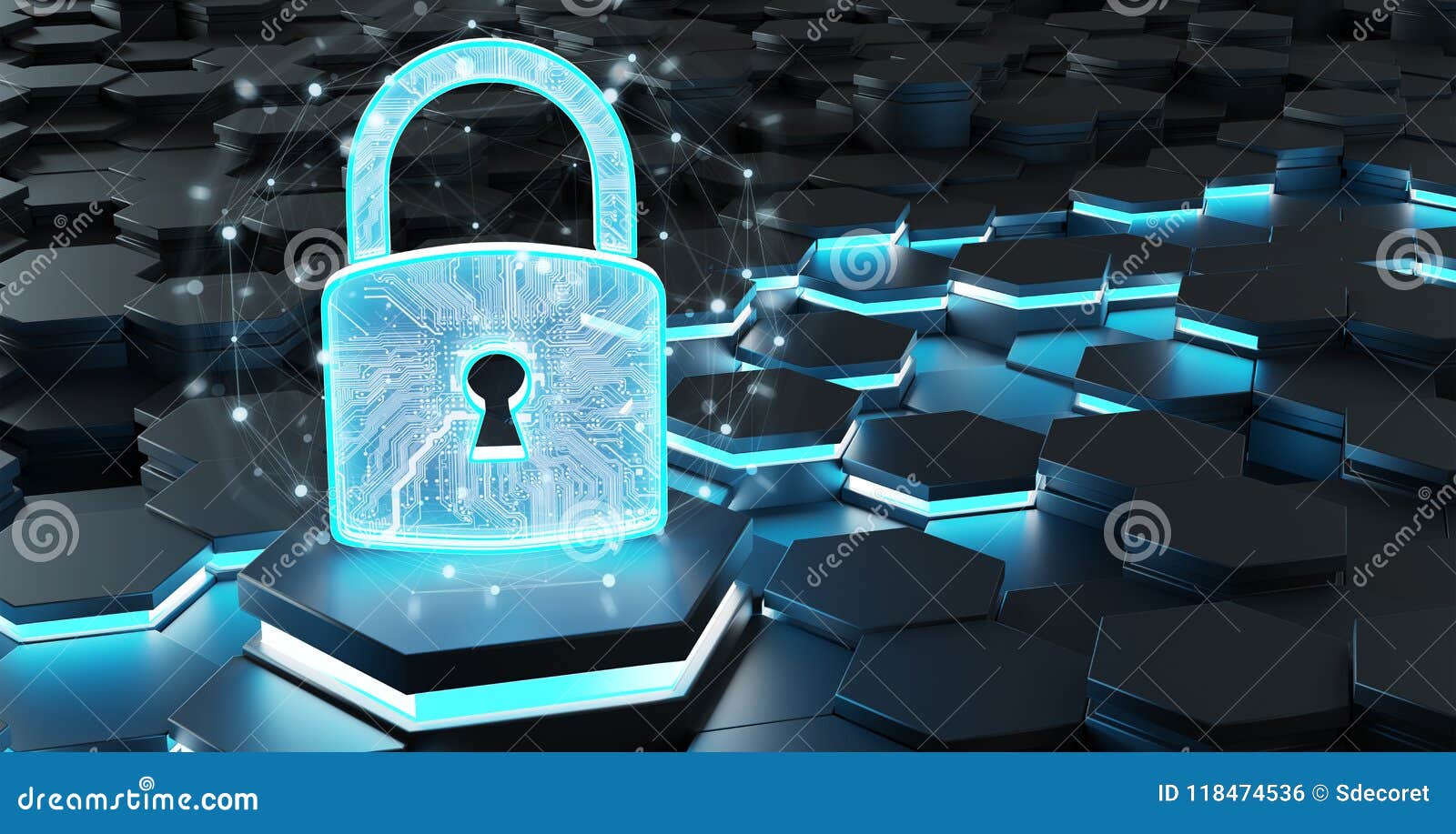 Black and Blue Padlock Icon on Hexagons Background 3D Rendering Stock ...