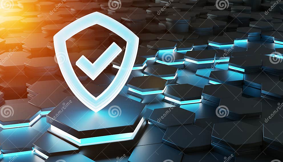 Black Blue Shield Icon on Hexagons Background 3D Rendering Stock ...