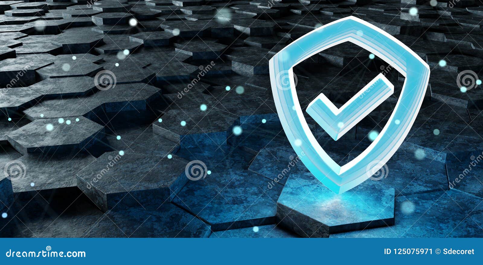 Black Blue Shield Icon on Hexagons Background 3D Rendering Stock ...