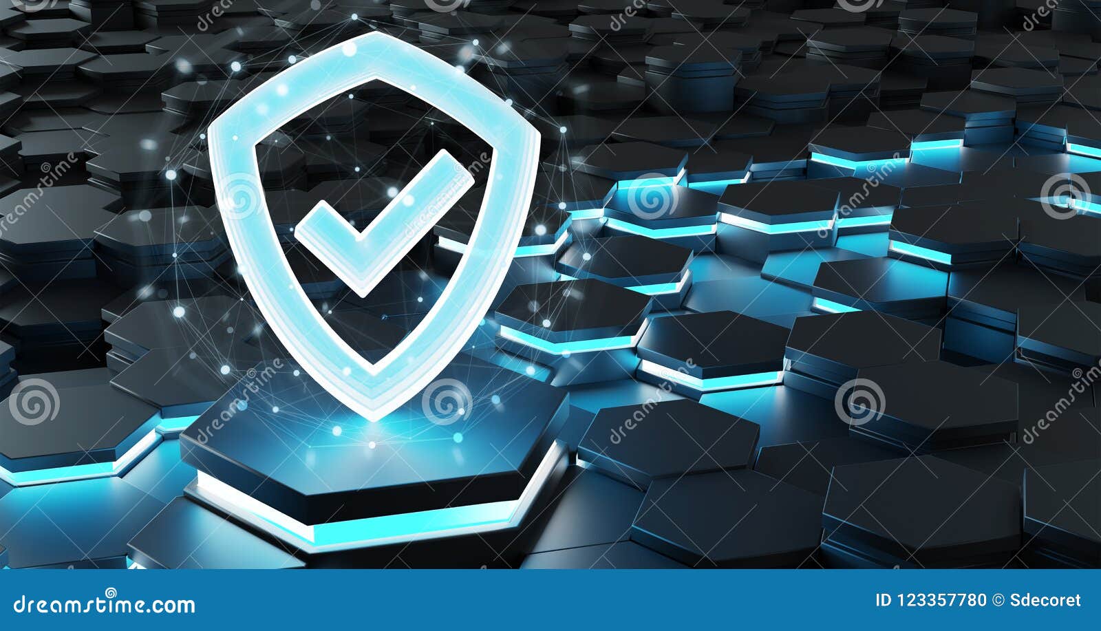 Black Blue Shield Icon on Hexagons Background 3D Rendering Stock ...