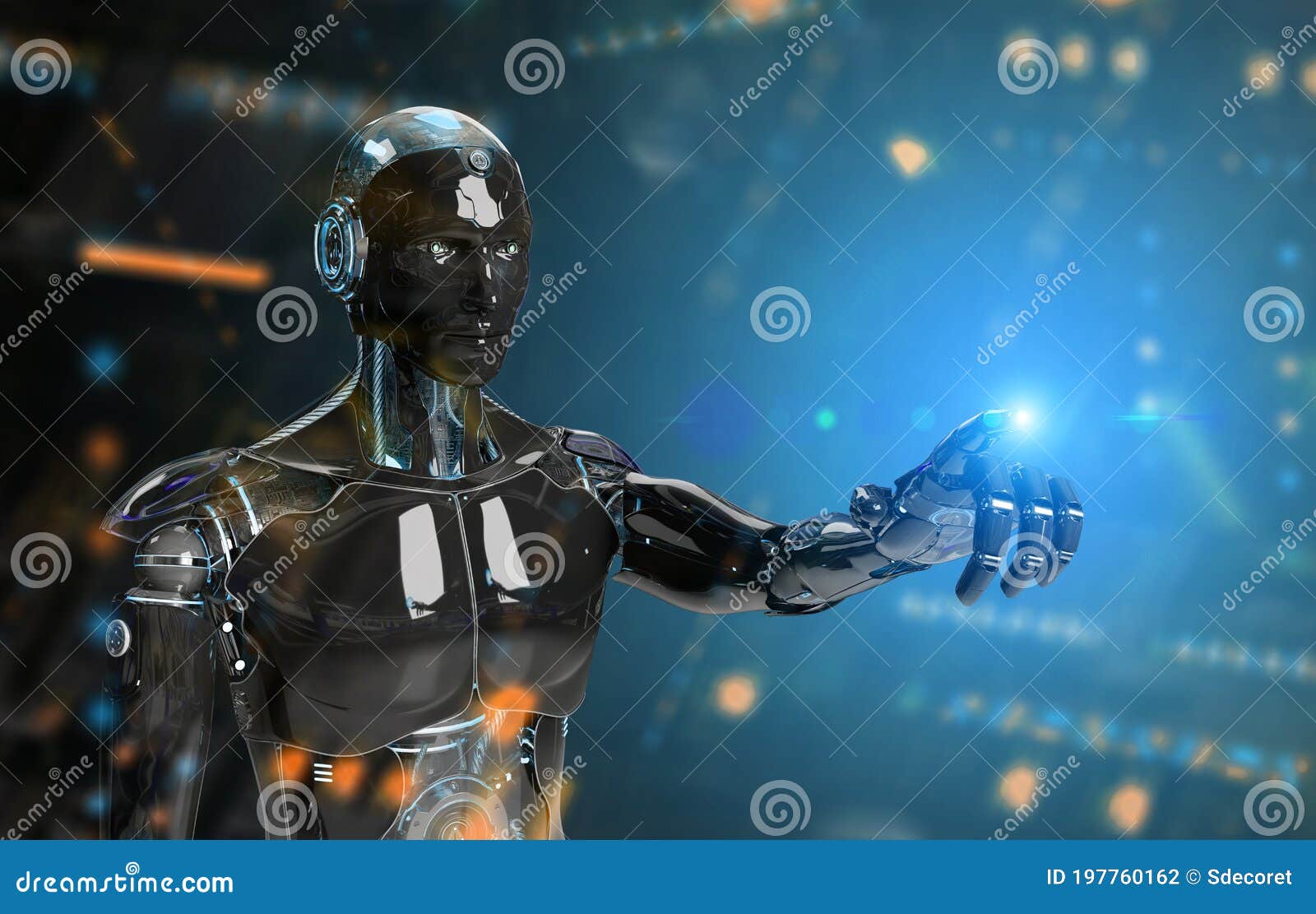 Black and Blue Intelligent Robot Cyborg Pointing Finger on Dark 3D ...