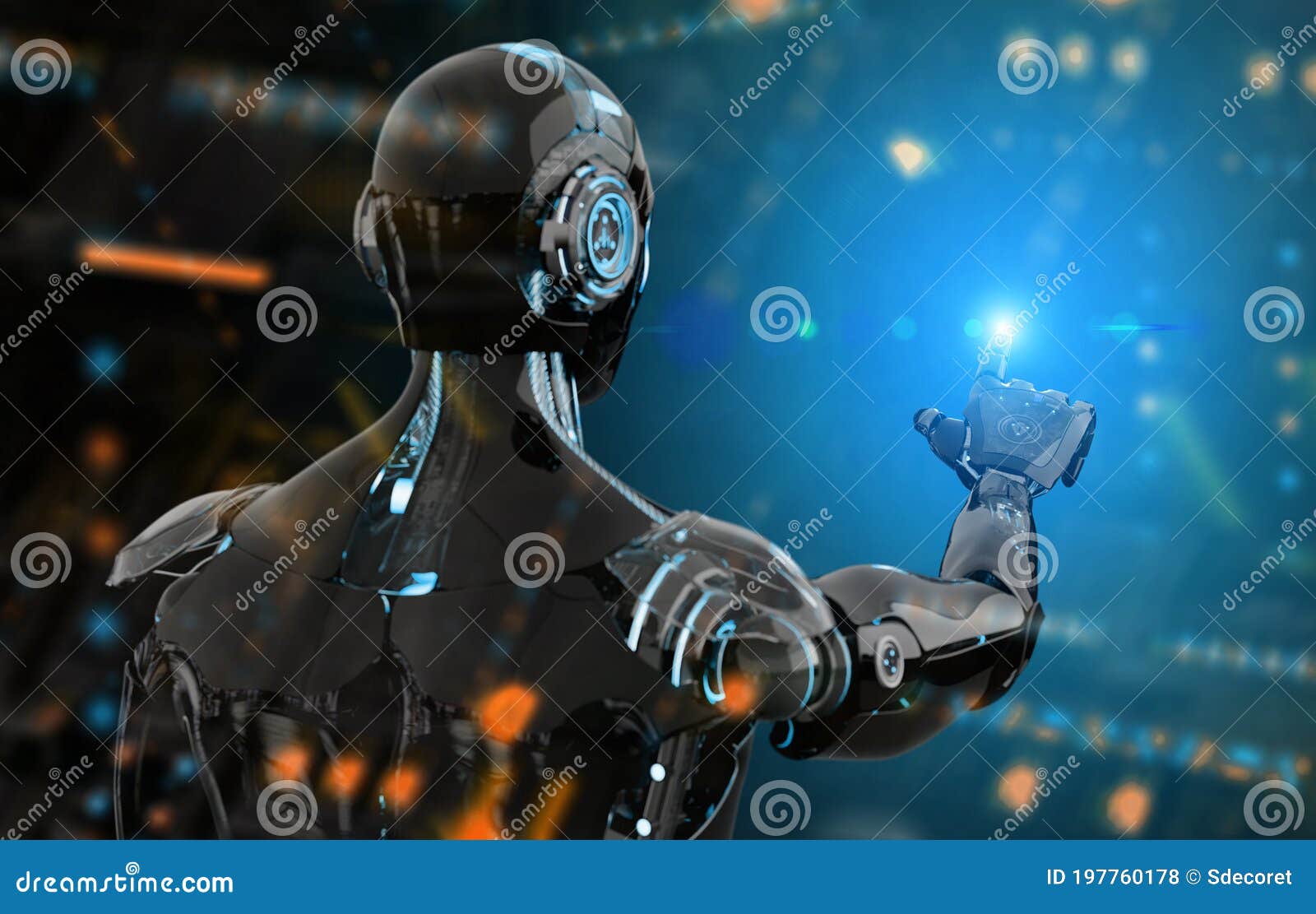 Black and Blue Intelligent Robot Cyborg Pointing Finger on Dark 3D ...