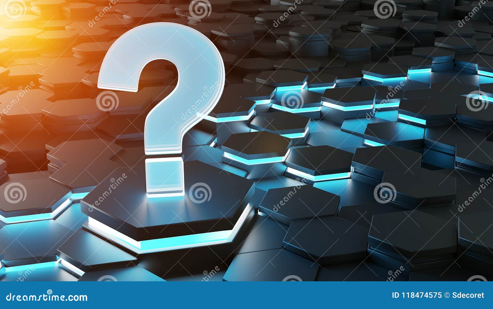 Black Blue Orange Question Icon on Hexagons Background 3D Render Stock ...