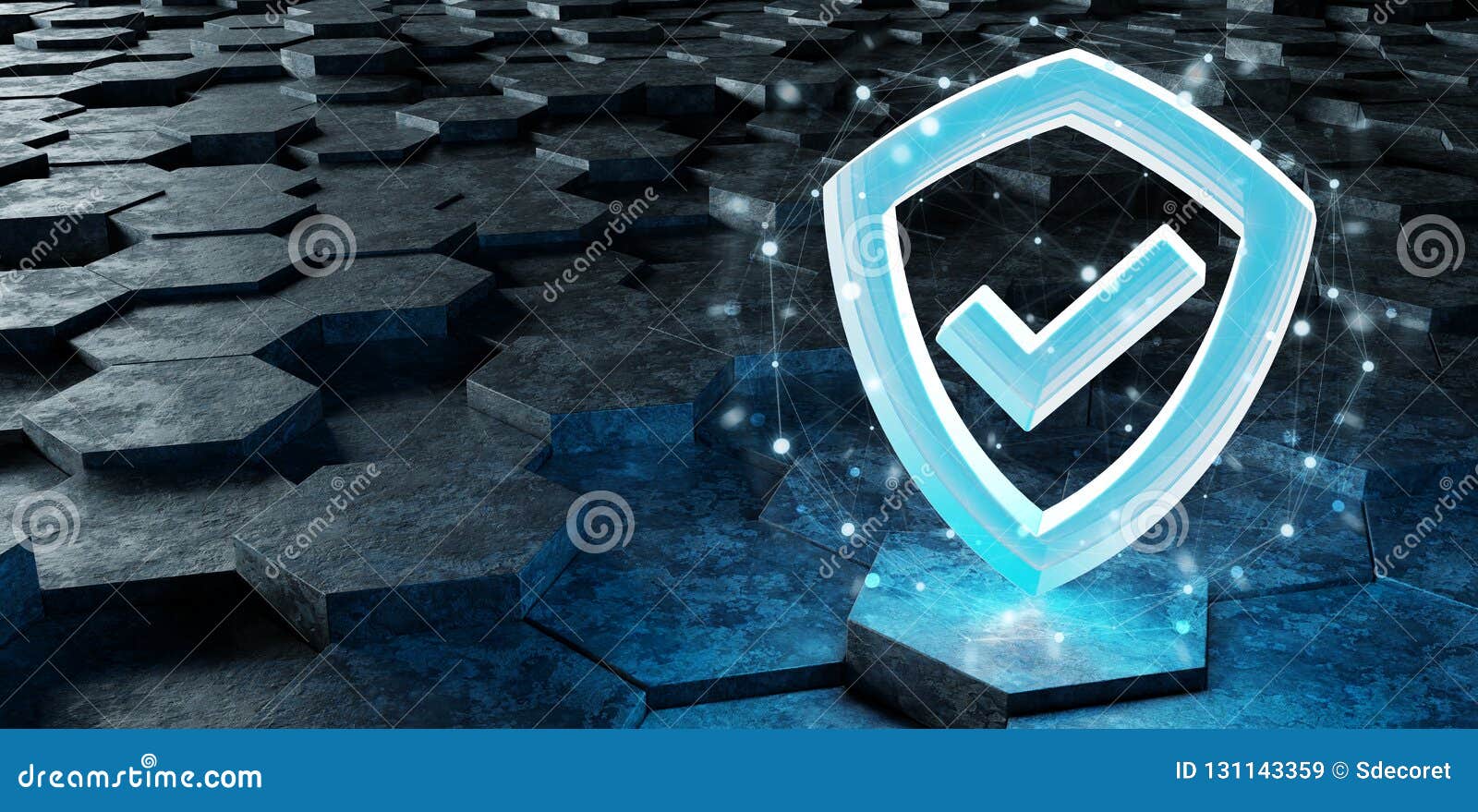 Black Blue Shield Icon on Hexagons Background 3D Rendering Stock ...