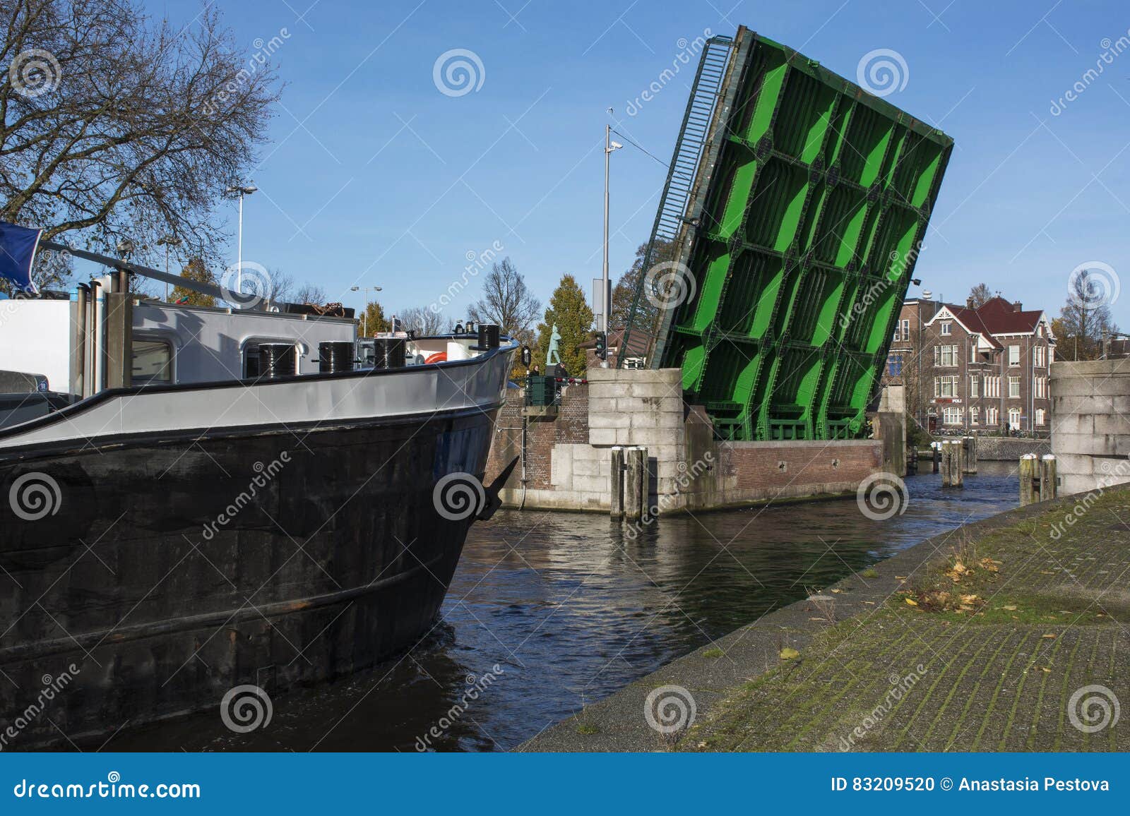 Black Boat and Modern Green Drawbridge Stock Photo - Image of fall ...