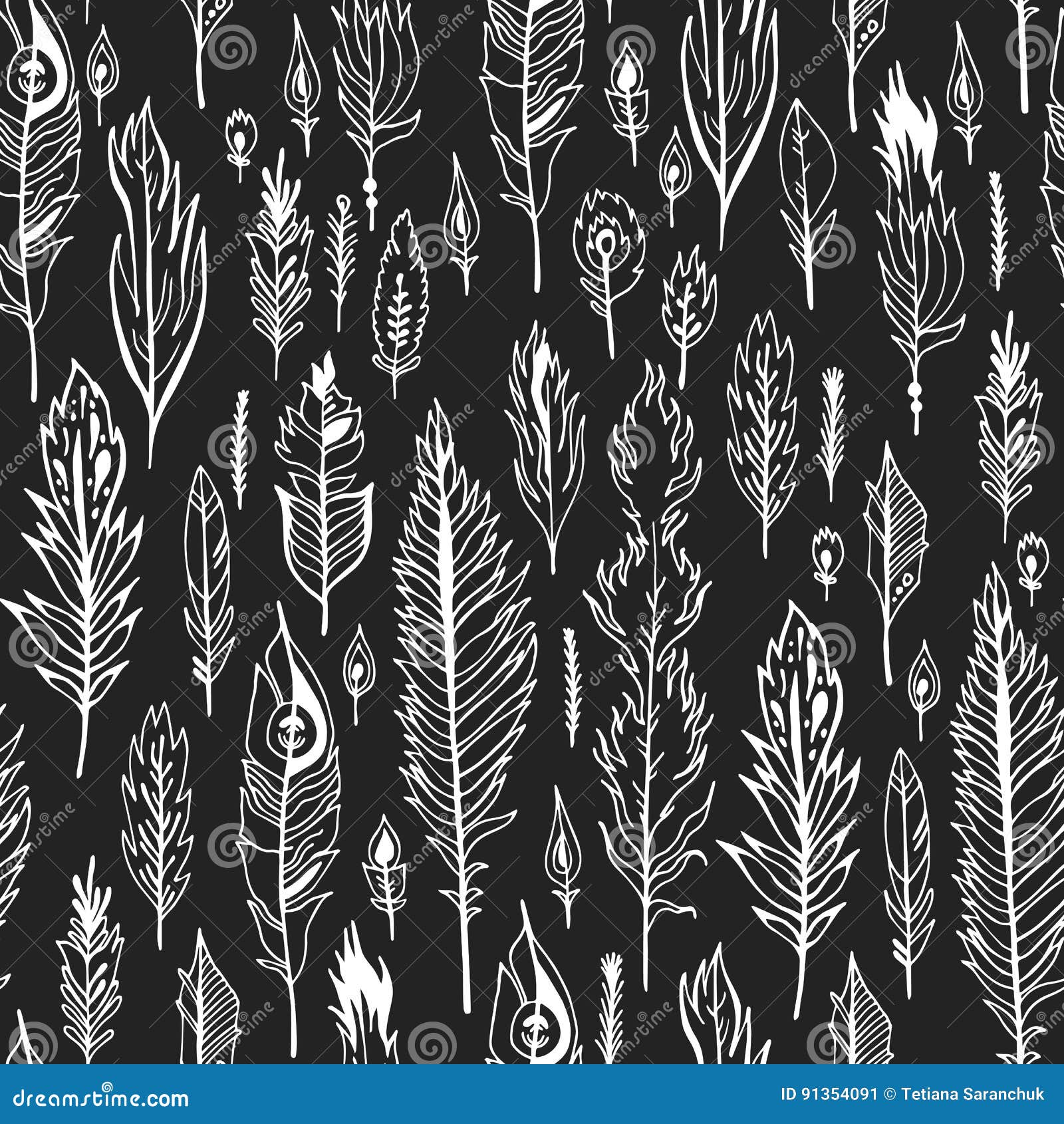 Black Boho Feather Seamless Pattern Stock Vector - Illustration of ...
