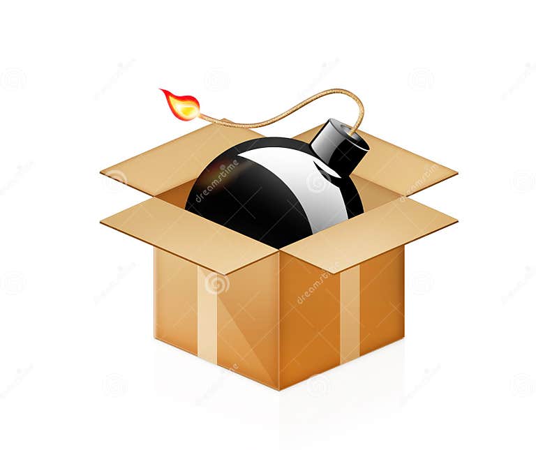 Black Bomb Burning in Cardboard Box on White Stock Illustration ...