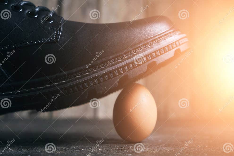 Black Boot Steps on a Fragile Chicken Egg. Concept, Weak Defenseless ...
