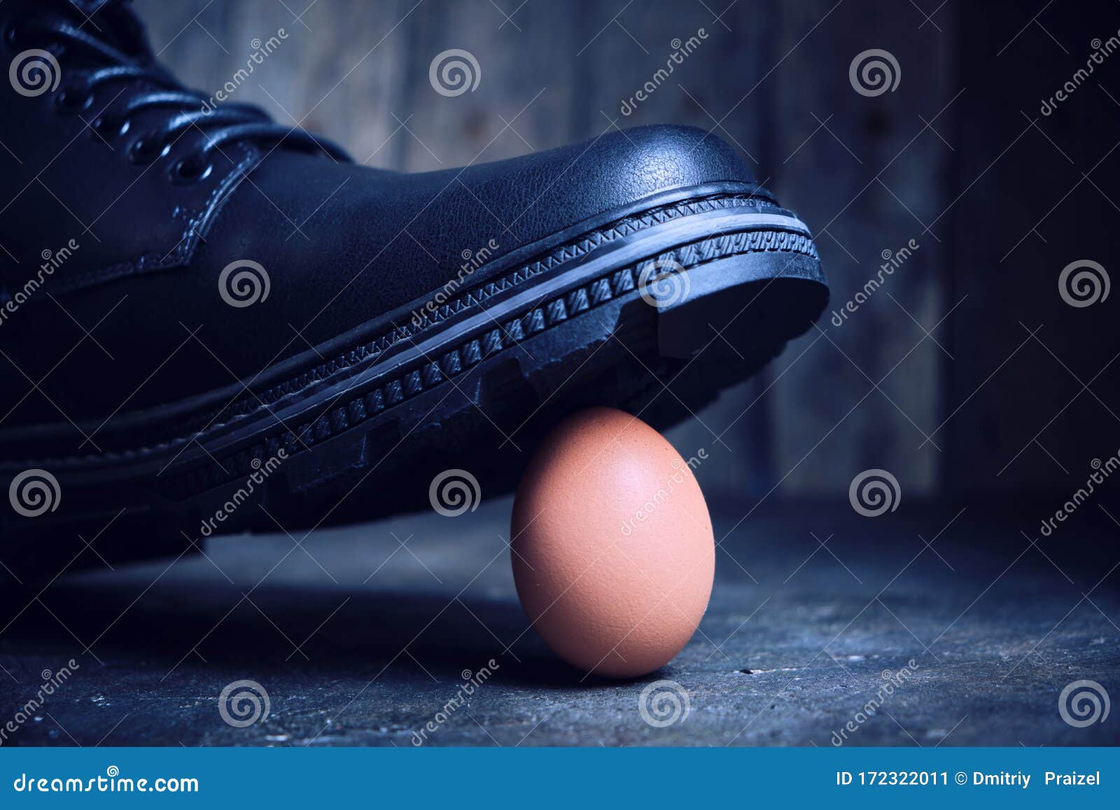 Black Boot Steps on a Fragile Chicken Egg. Concept, Weak Defenseless ...